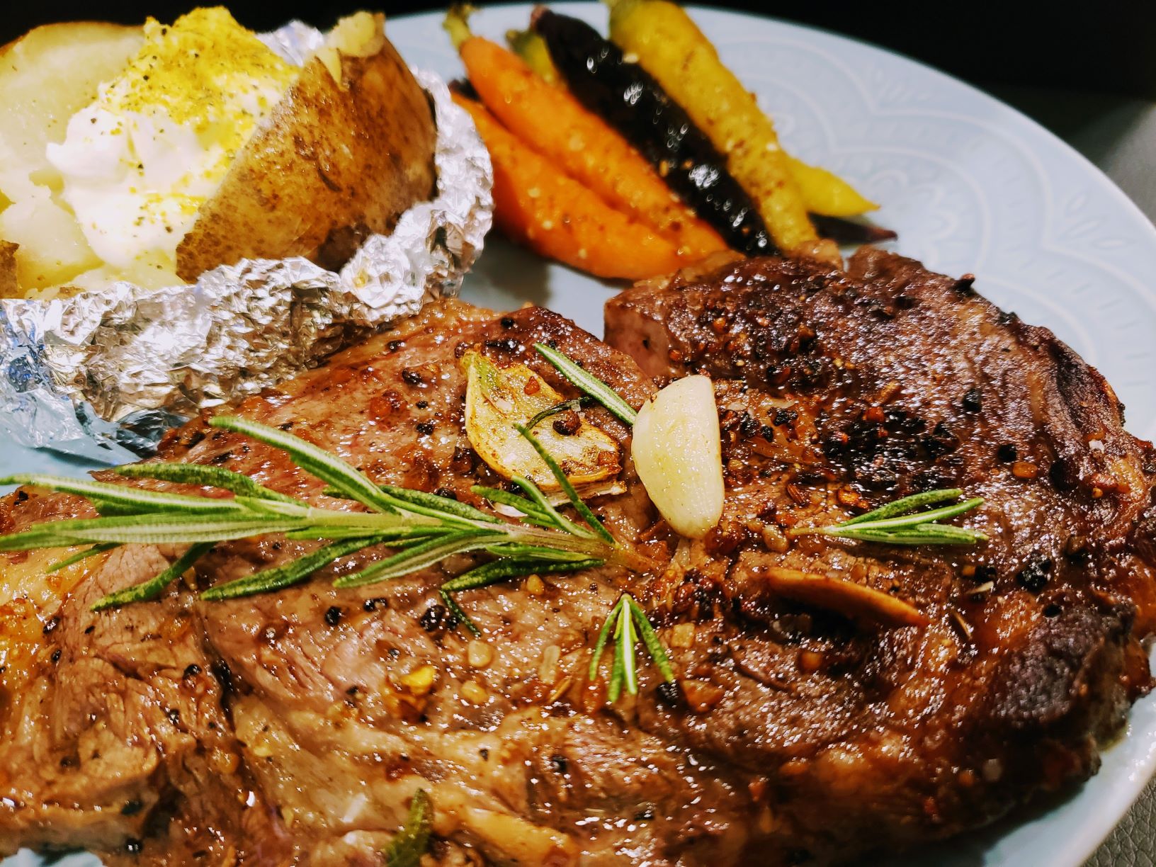 Ribeye Steak with Dukkah Rainbow Carrots and Baked Potato – Sweet Zivile